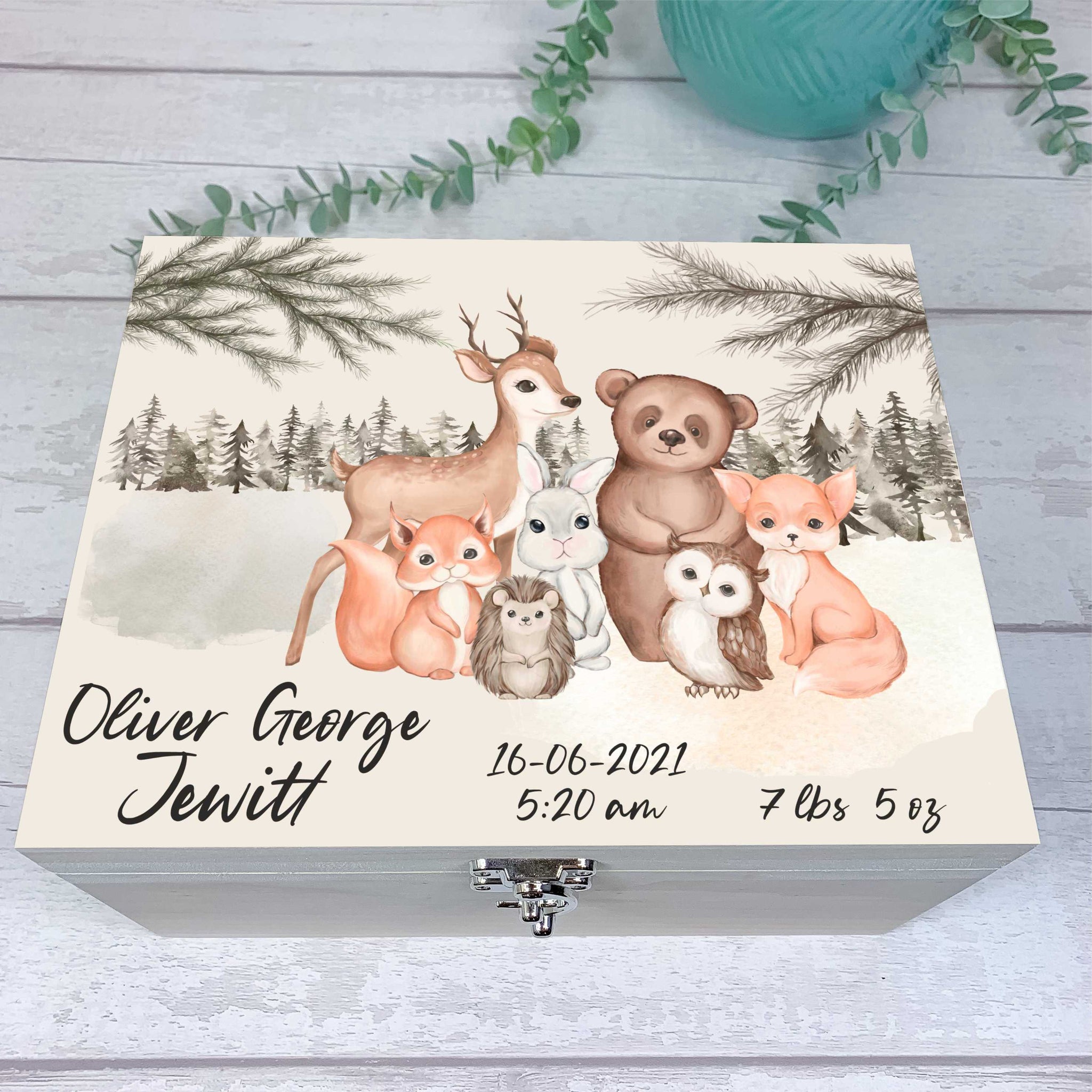 Woodland Baby Box Card Soft Teal Baby Girl Gift Box | London Mummy